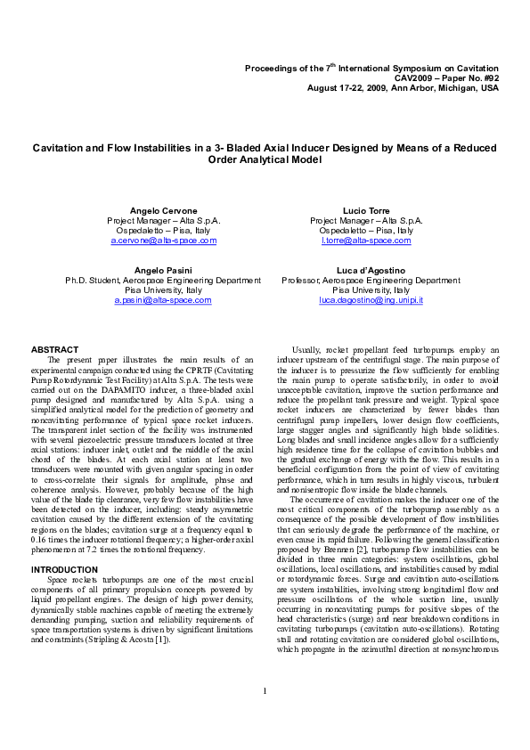 (PDF) Cavitation and flow instabilities in a 3-bladed axial inducer ...