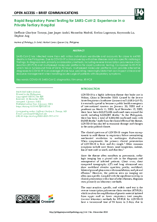 (PDF) Rapid Respiratory Panel Testing for SARS-CoV-2: Experience in a ...