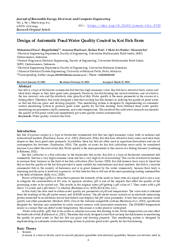 (PDF) Design of Automatic Pond Water Quality Control in Koi Fish Farm