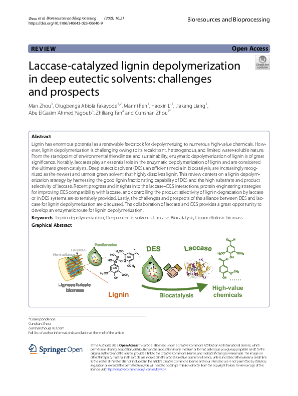 (PDF) Laccase-catalyzed lignin depolymerization in deep eutectic solvents: challenges and prospects