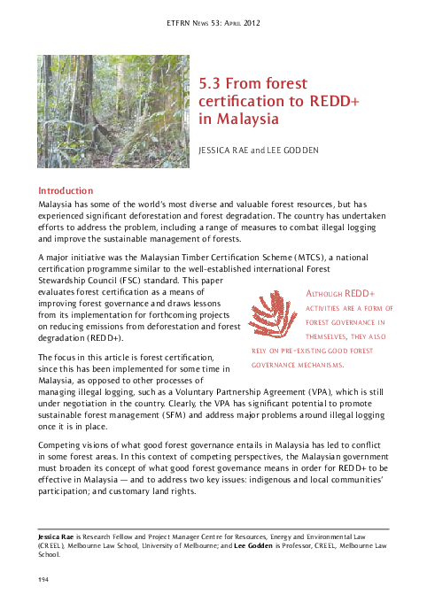 (PDF) 5.3 From forest certification to rEDD+ in Malaysia