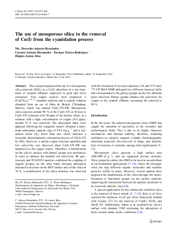 (PDF) The use of mesoporous silica in the removal of Cu(I) from the ...