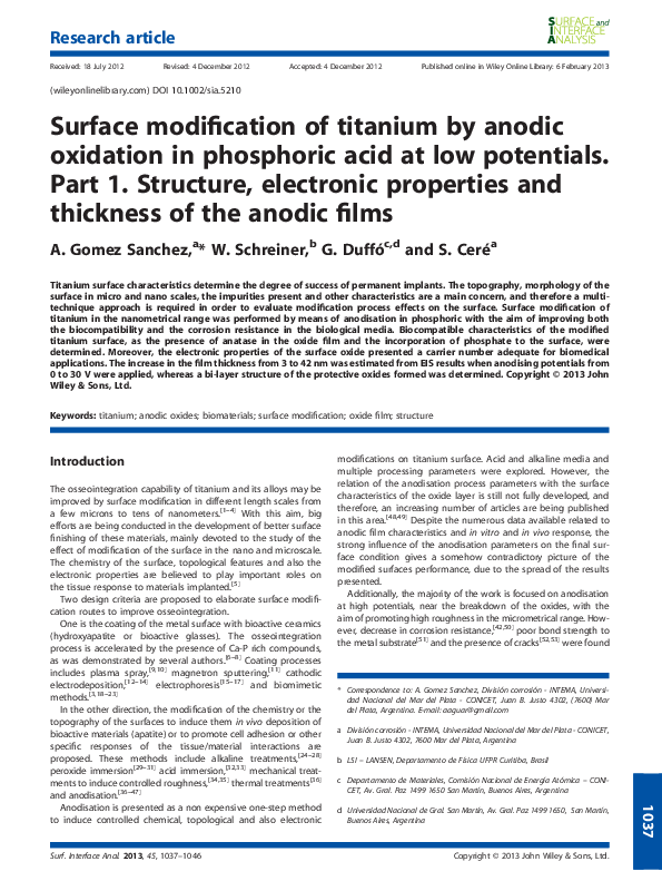 (PDF) Surface modification of titanium by anodic oxidation in ...