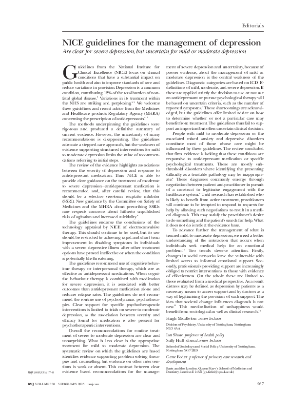 (PDF) NICE guidelines for the management of depression | Hugh Middleton - Academia.edu