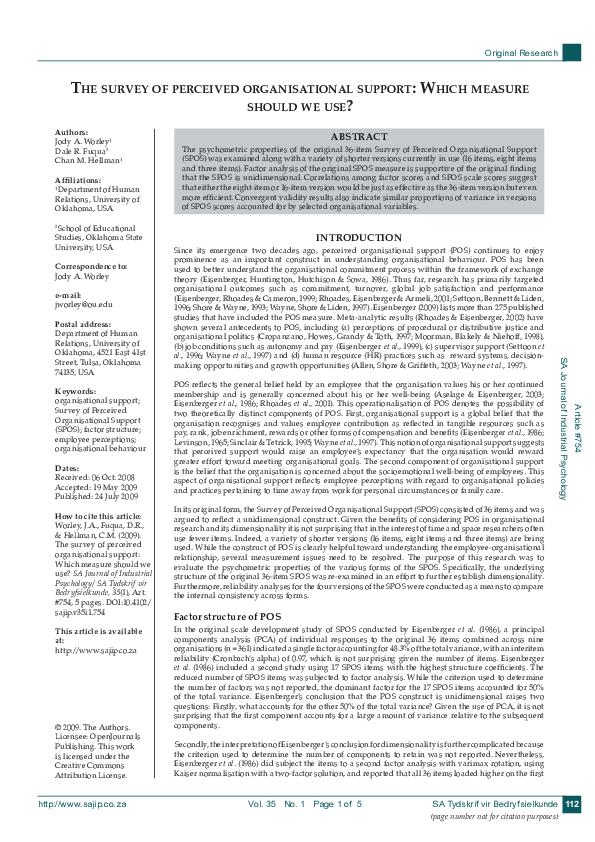(PDF) The survey of perceived organisational support: Which measure ...