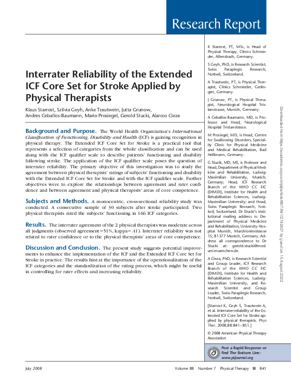 (PDF) Interrater Reliability of the Extended ICF Core Set for Stroke Applied by Physical Therapists