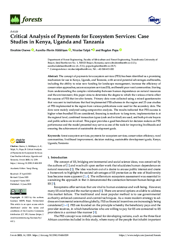 (PDF) Critical Analysis of Payments for Ecosystem Services: Case ...