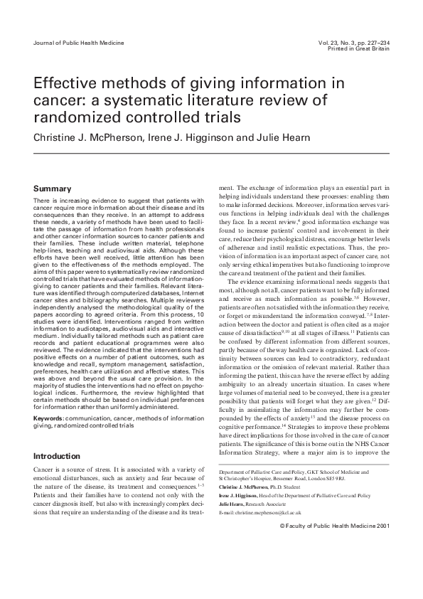 (PDF) Effective methods of giving information in cancer: a systematic literature review of ...