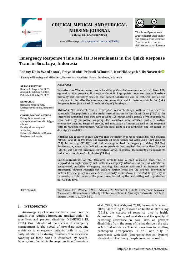 (PDF) Emergency Response Time and Its Determinants in the Quick ...