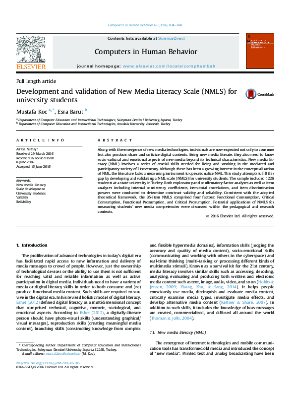 (PDF) Development and validation of New Media Literacy Scale (NMLS) for ...