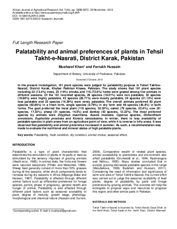(PDF) Palatability and animal preferences of plants in Tehsil Takht-e-Nasrati, District Karak ...