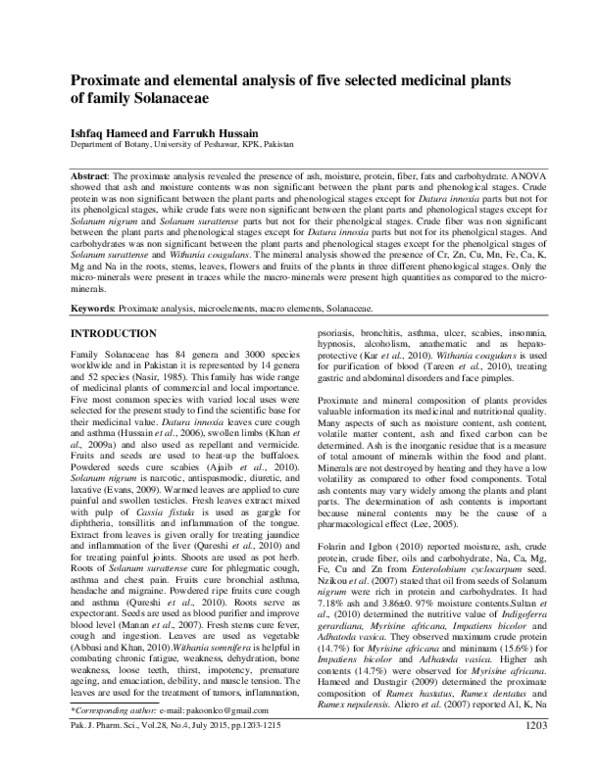 (PDF) Proximate and elemental analysis of five selected medicinal plants of family Solanaceae ...