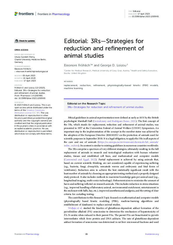 (PDF) Editorial: 3Rs—Strategies for reduction and refinement of animal studies