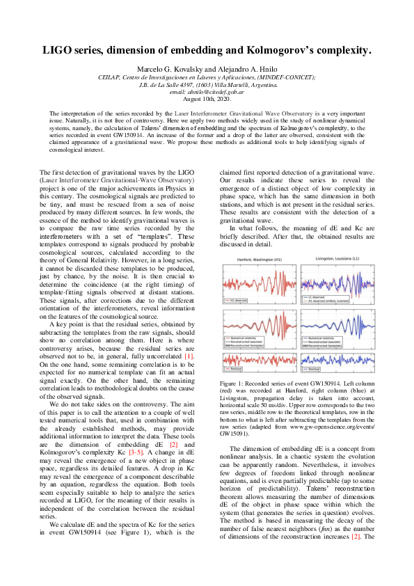 (PDF) LIGO series, dimension of embedding and Kolmogorov's complexity | Alejandro Hnilo ...