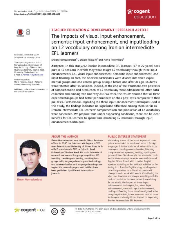 The Impacts Of Visual Input Enhancement Semantic Input Enhancement And Inputflooding On L2