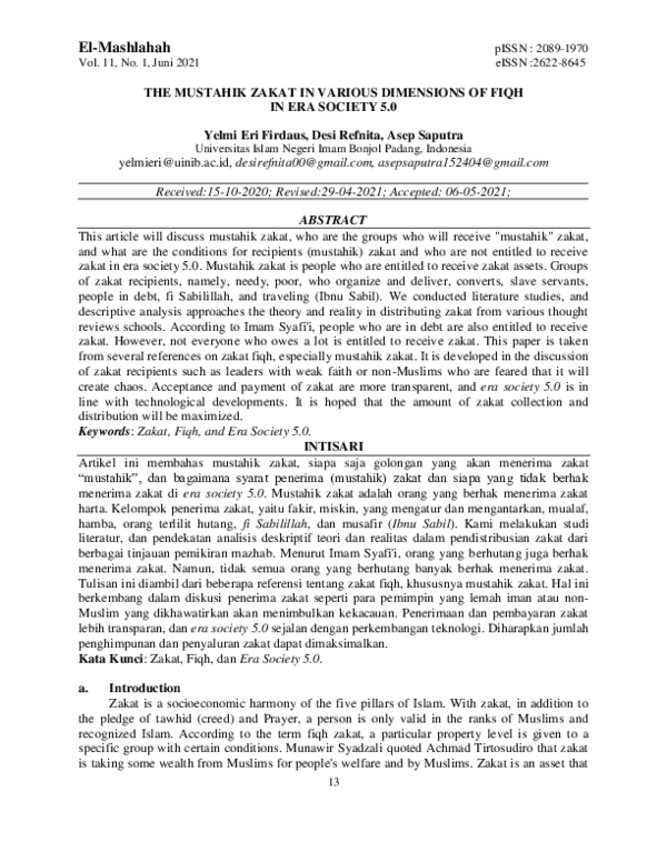 (PDF) The Mustahik Zakat in Various Dimensions