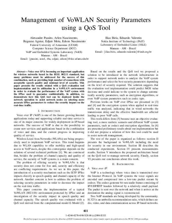 Management of VoWLAN security parameters using a QoS tool