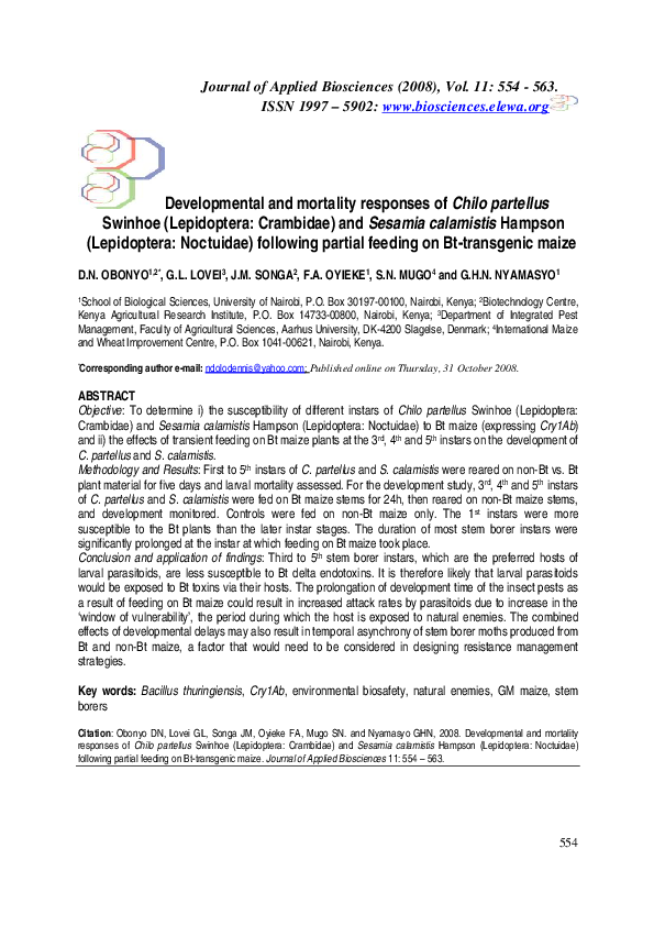 (PDF) Developmental and mortality responses of Chilo partellus Swinhoe ...