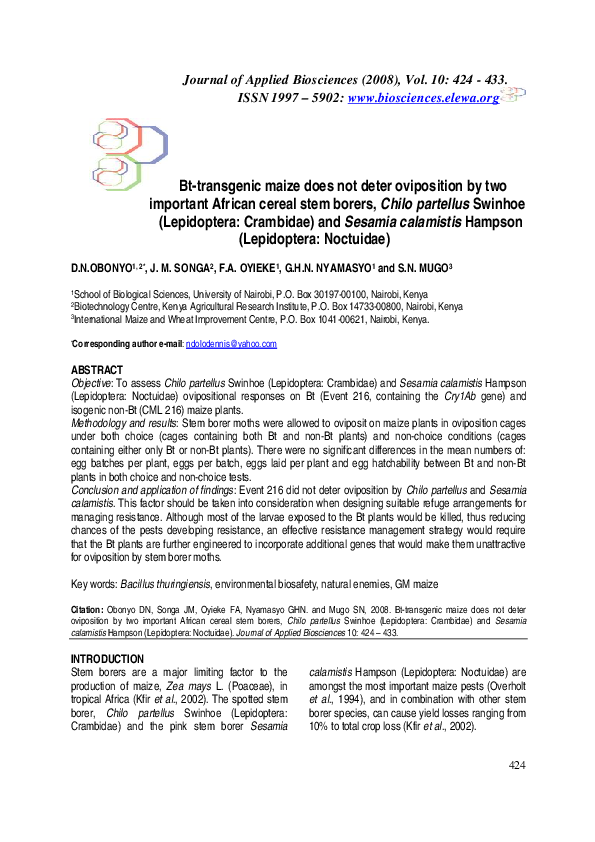 (PDF) Bt-transgenic maize does not deter oviposition by two important ...