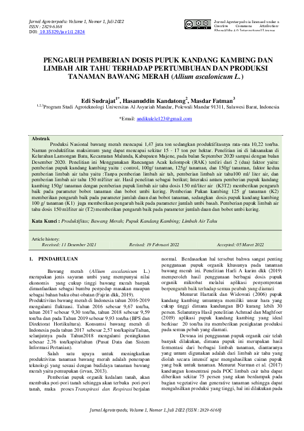 (PDF) PENGARUH PEMBERIAN DOSIS PUPUK KANDANG KAMBING DAN LIMBAH AIR TAHU TERHADAP PERTUMBUHAN ...