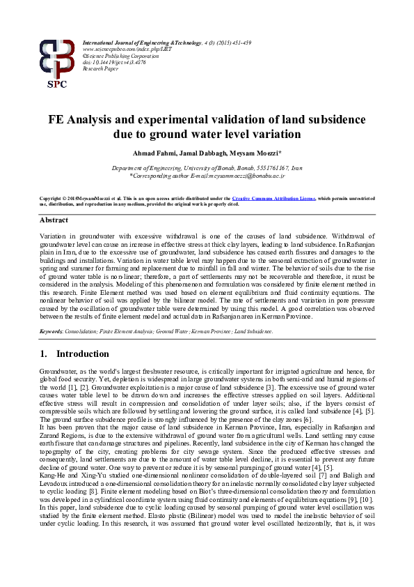 (PDF) FE Analysis and experimental validation of land subsidence due to ground water level variation