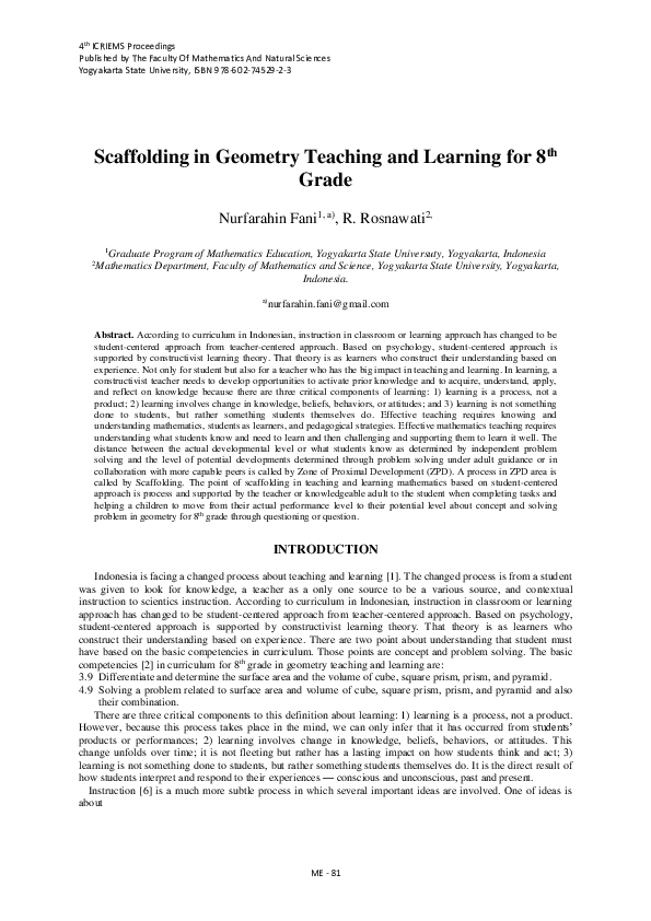(PDF) Scaffolding in Geometry Teaching and Learning for 8 Grade