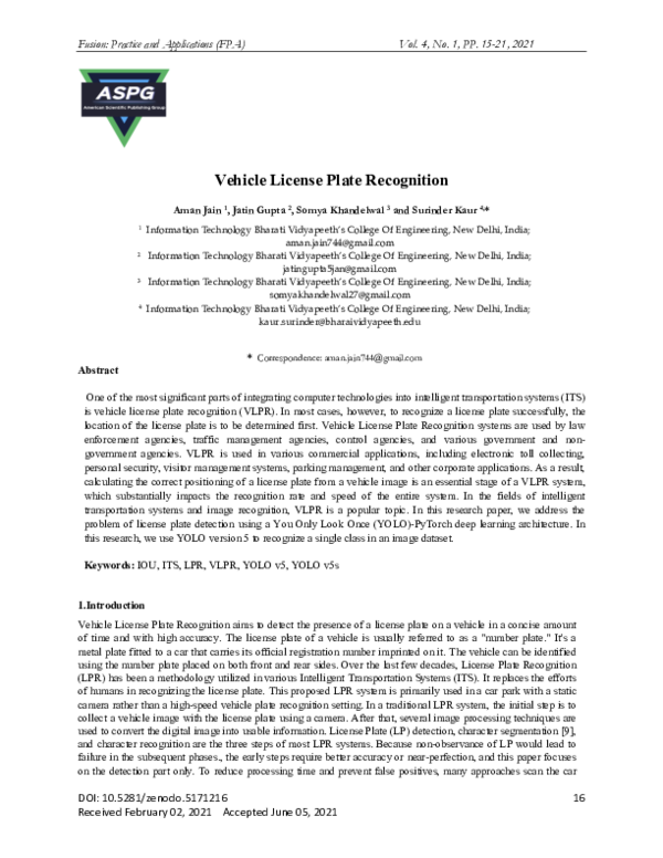 (PDF) Vehicle License Plate Recognition
