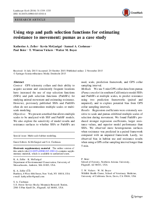 (PDF) Using step and path selection functions for estimating resistance to movement: pumas as a ...