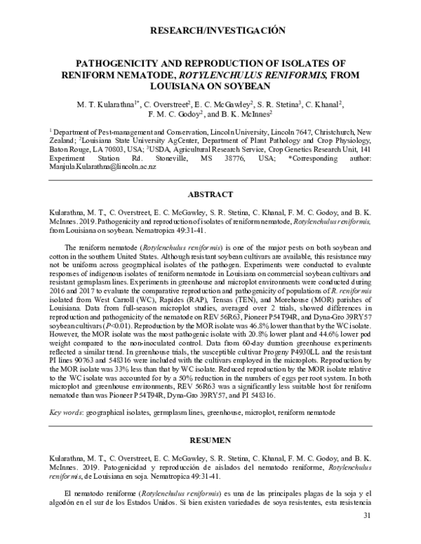(PDF) Pathogenicity and Reproduction of Isolates of Reniform Nematode ...