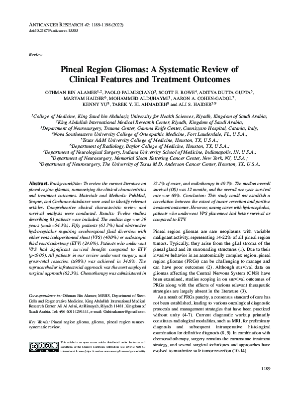 (PDF) Pineal Region Gliomas: A Systematic Review of Clinical Features and Treatment Outcomes