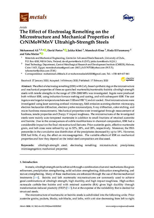(PDF) The Effect of Electroslag Remelting on the Microstructure and Mechanical Properties of ...