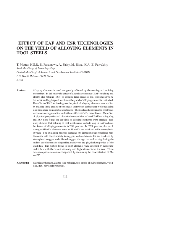 (PDF) Effect of Eaf and Esr Technologies on the Yield of Alloying Elements in Tool Steels