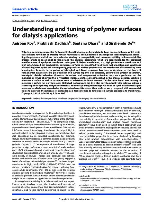 (PDF) Understanding and tuning of polymer surfaces for dialysis ...