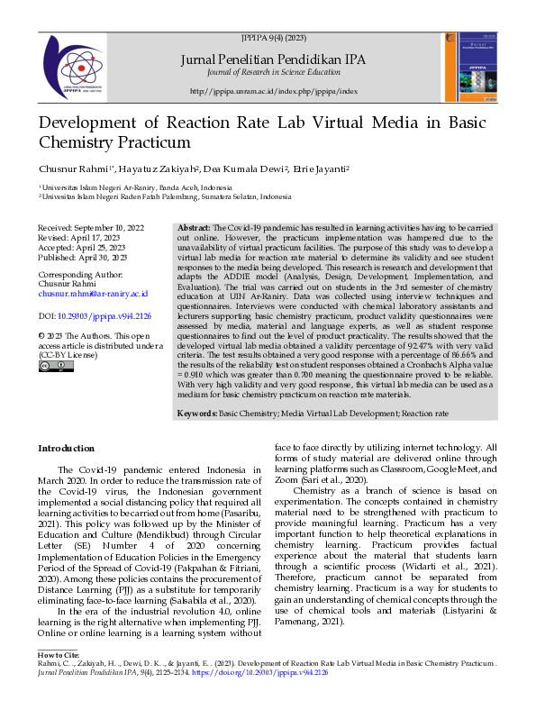 (PDF) Development of Reaction Rate Lab Virtual Media in Basic Chemistry Practicum