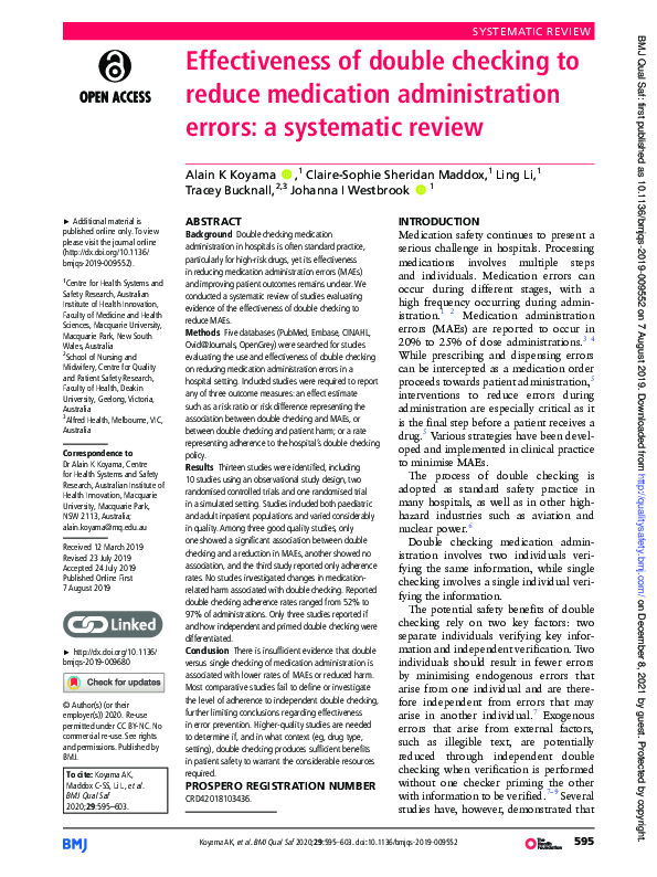 (PDF) Effectiveness of double checking to reduce medication administration errors: a systematic ...