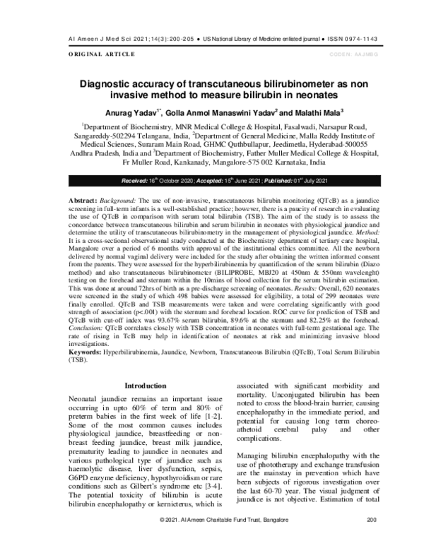 (PDF) Diagnostic accuracy of transcutaneous bilirubinometer as non ...