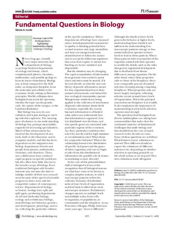 (PDF) Fundamental Questions in Biology