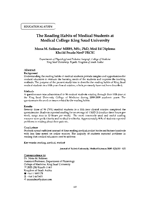 (PDF) The Reading Habits of Medical Students at Medical College King Saud University “Arabic ...