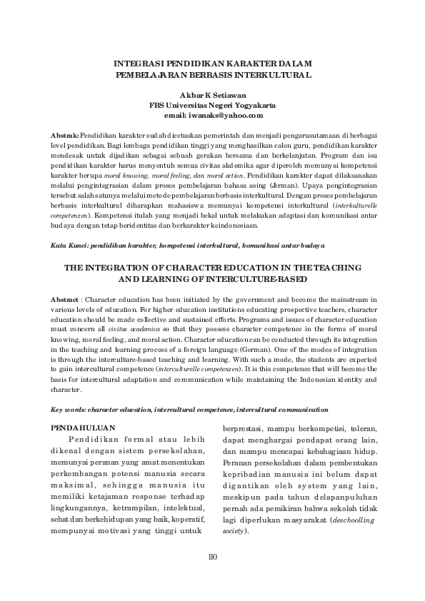 (PDF) Integrasi Pendidikan Karakter Dalam Pembelajaran Berbasis Interkultural