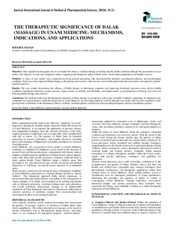 (PDF) THE THERAPEUTIC SIGNIFICANCE OF DALAK (MASSAGE) IN UNANI MEDICINE ...