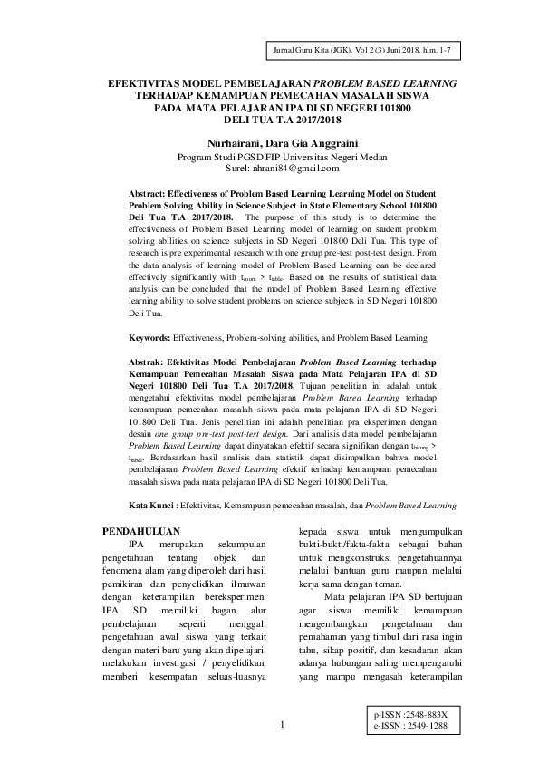 (PDF) Efektivitas Model Pembelajaran Problem Based Learning Terhadap Kemampuan Pemecahan Masalah ...