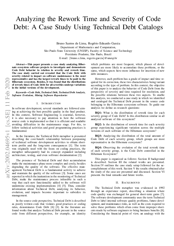 (PDF) Analyzing the Rework Time and Severity of Code Debt: A Case Study Using Technical Debt ...