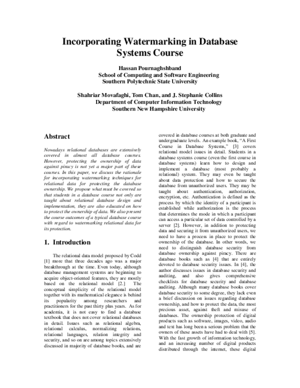 (PDF) Incorporating Watermarking in Database Systems Course