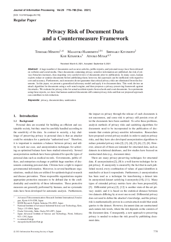 (PDF) Privacy Risk of Document Data and a Countermeasure Framework