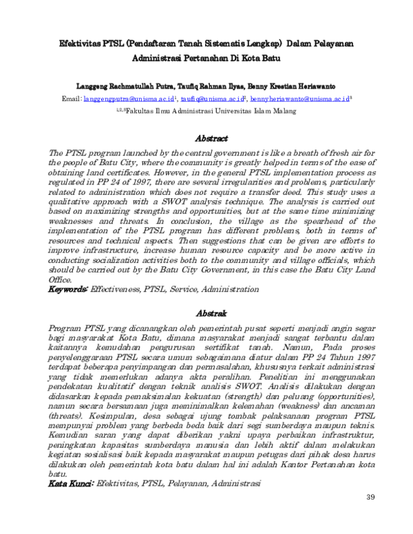 (PDF) Efektivitas PTSL (Pendaftaran Tanah Sistematis Lengkap) Dalam Pelayanan Administrasi ...