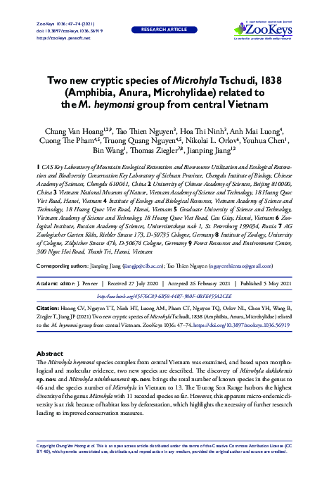 (PDF) Two new cryptic species of Microhyla Tschudi, 1838 (Amphibia ...