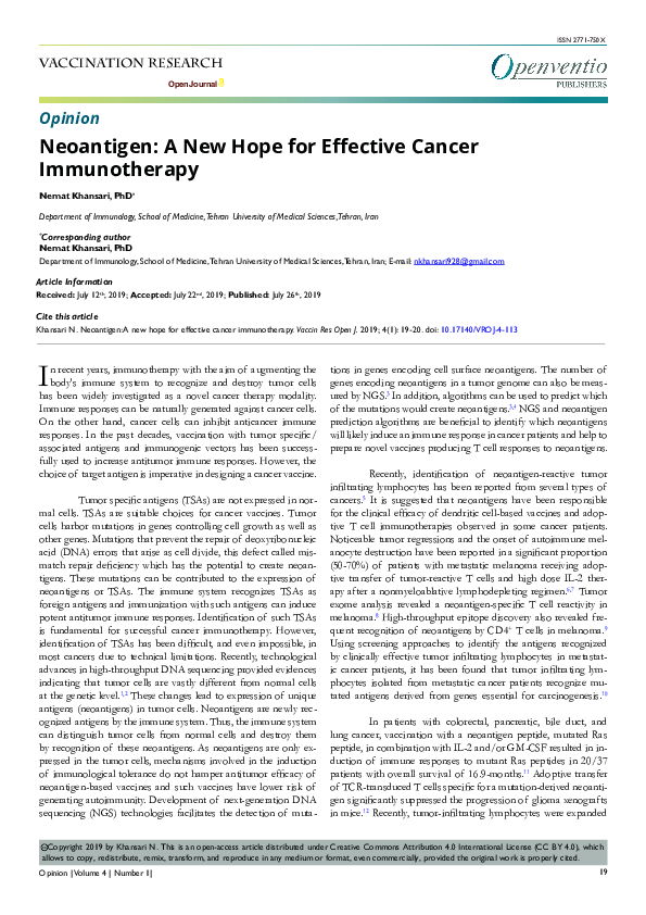 (PDF) Neoantigen: A New Hope for Effective Cancer Immunotherapy