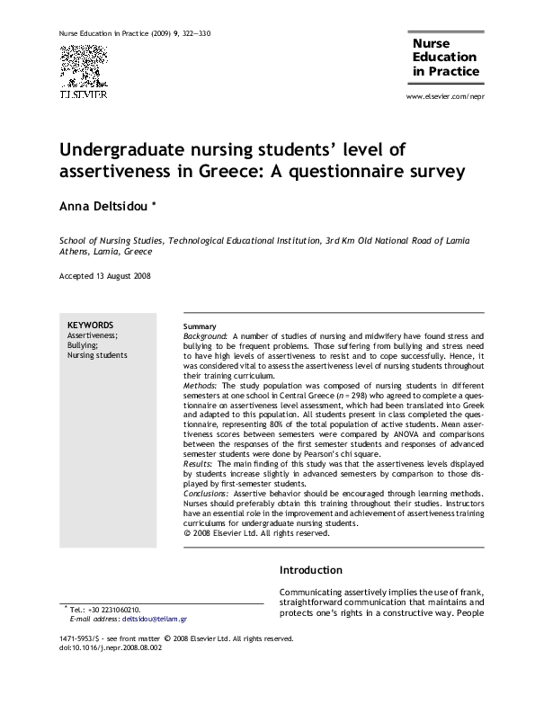 (PDF) Undergraduate nursing students’ level of assertiveness in Greece ...