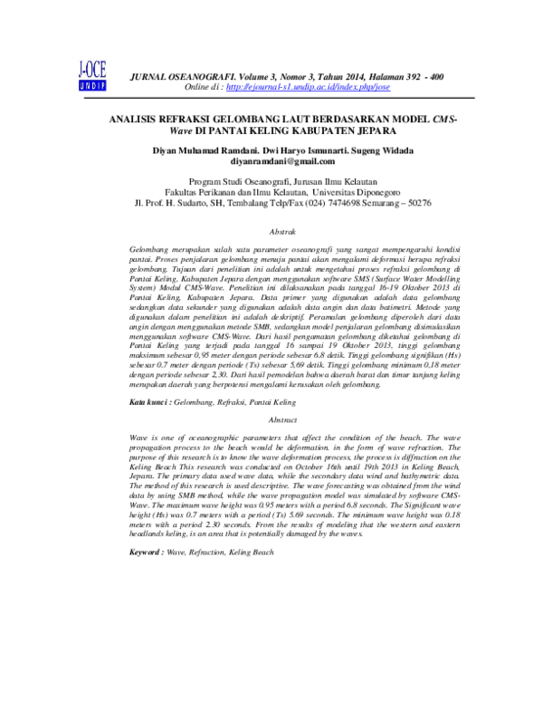 (PDF) ANALISIS REFRAKSI GELOMBANG LAUT BERDASARKAN MODEL CMS-Wave DI PANTAI KELING KABUPATEN JEPARA