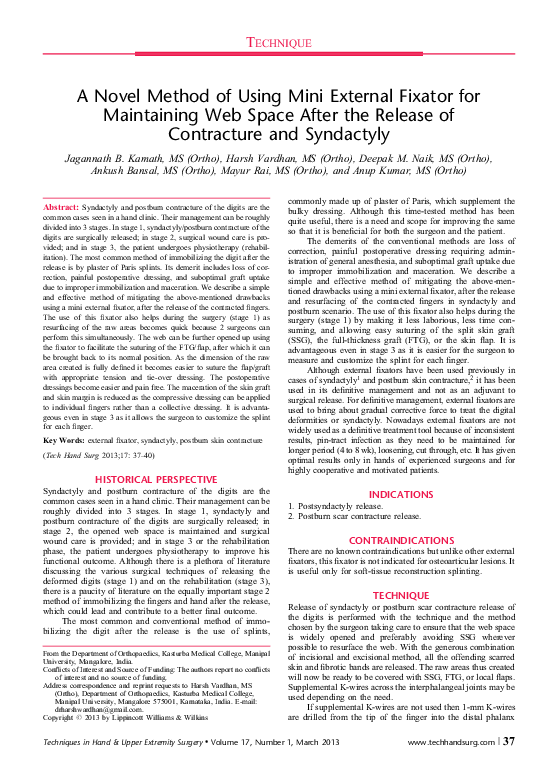 (PDF) A Novel Method of Using Mini External Fixator for Maintaining Web Space After the Release ...